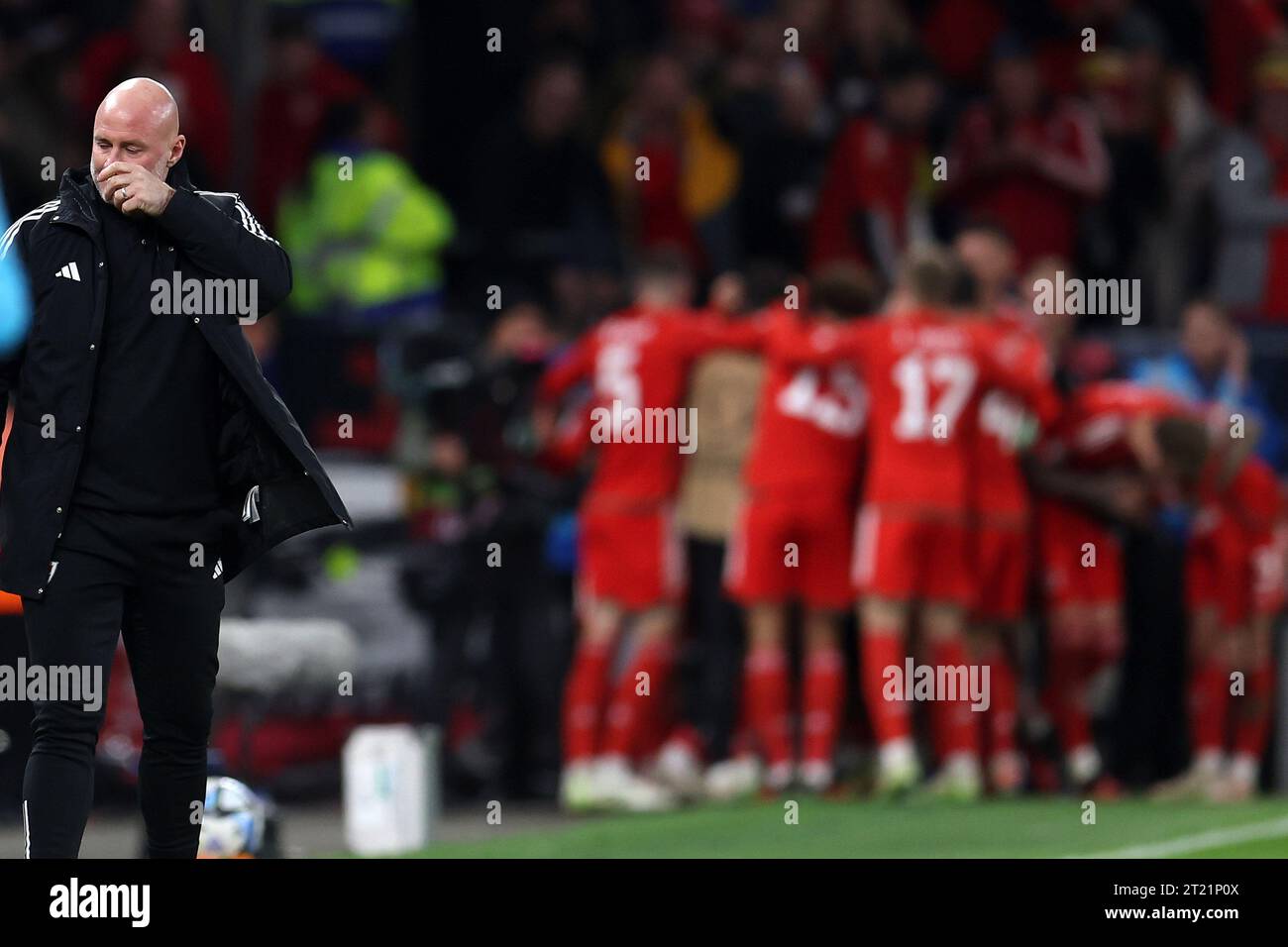 Cardiff, UK. 15th Oct, 2023. Rob Page, the head coach of Wales shows ...