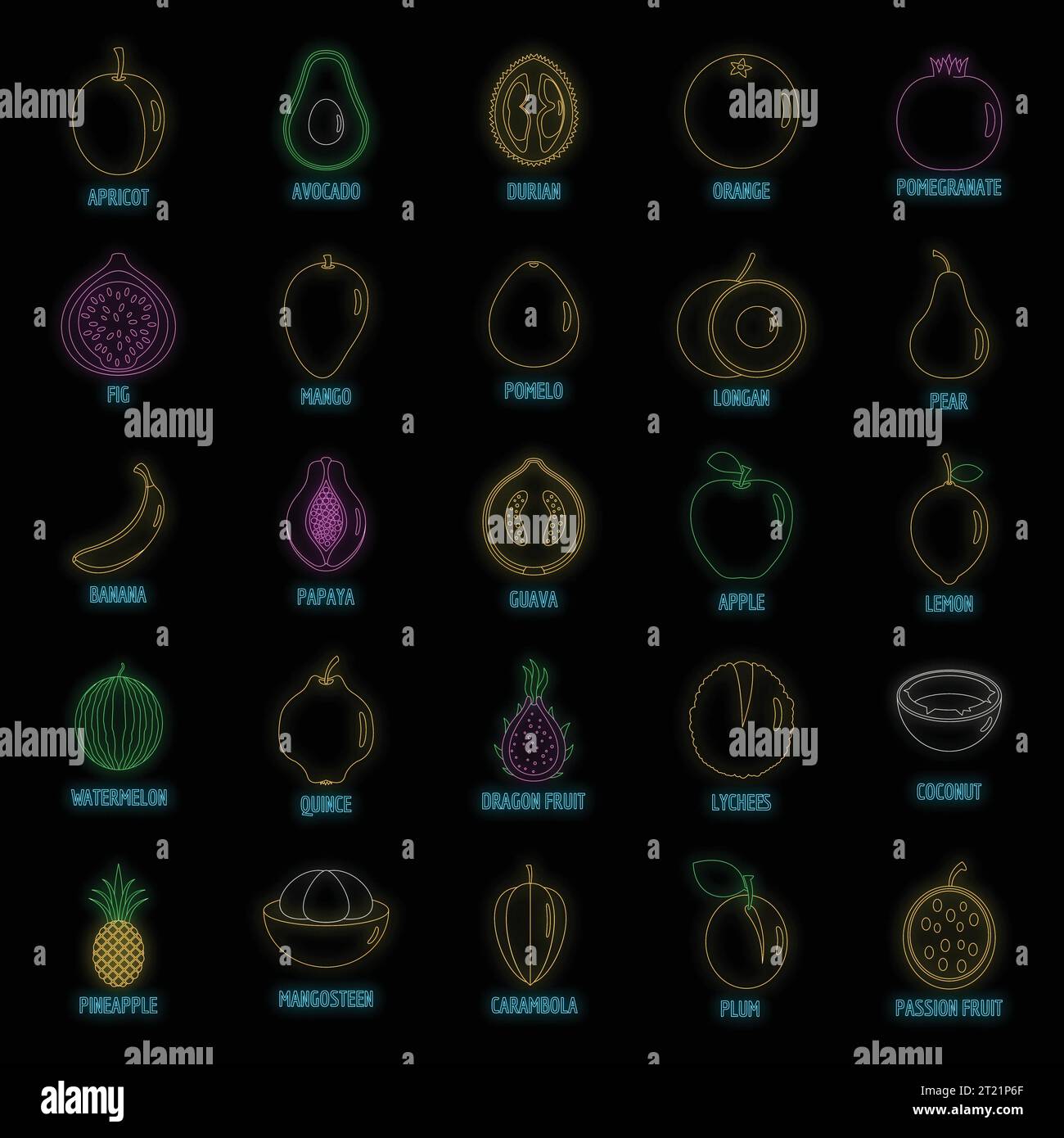 Fruits icons set. Outline illustration of 25 fruits vector icons neon ...