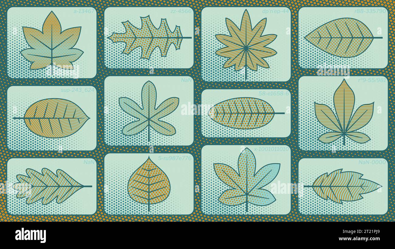 Set of leaves with halftone patterns and colours. Brutalist style Stock ...