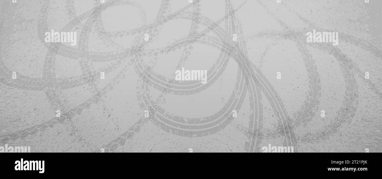 Top view loop-shaped round tire tracks on a gray road. Grunge abstract ...