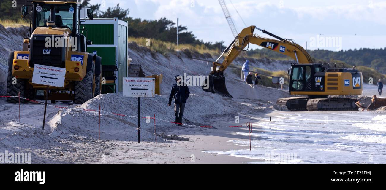 Prerow, Germany. 16th Oct, 2023. Excavators and bulldozers are ready on ...