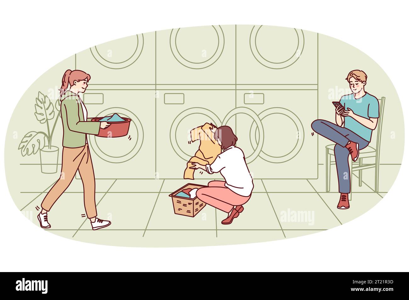 People washing clothes in public laundry. Men and women clean clothing ...