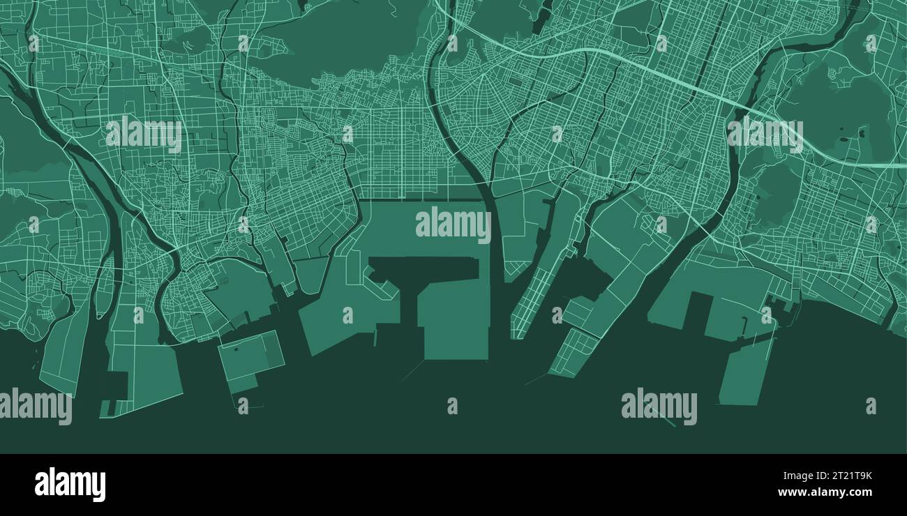 Detailed map poster of Himeji city administrative area. Green skyline ...