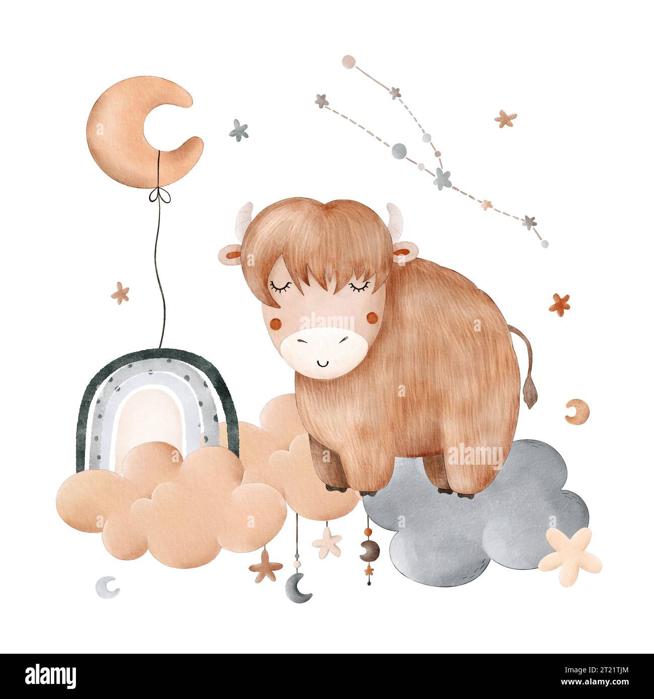Watercolor children's cute composition with the zodiac sign Taurus ...