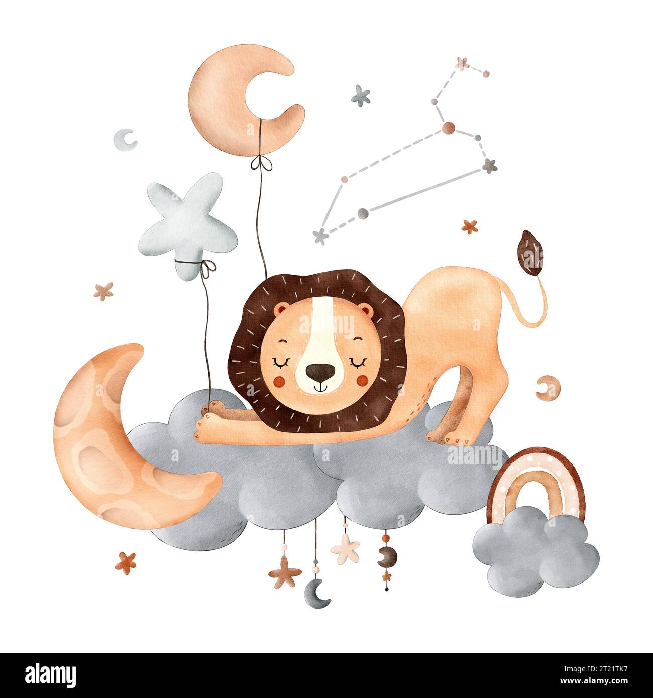 Watercolor children's cute composition with the zodiac sign Leo, lion ...