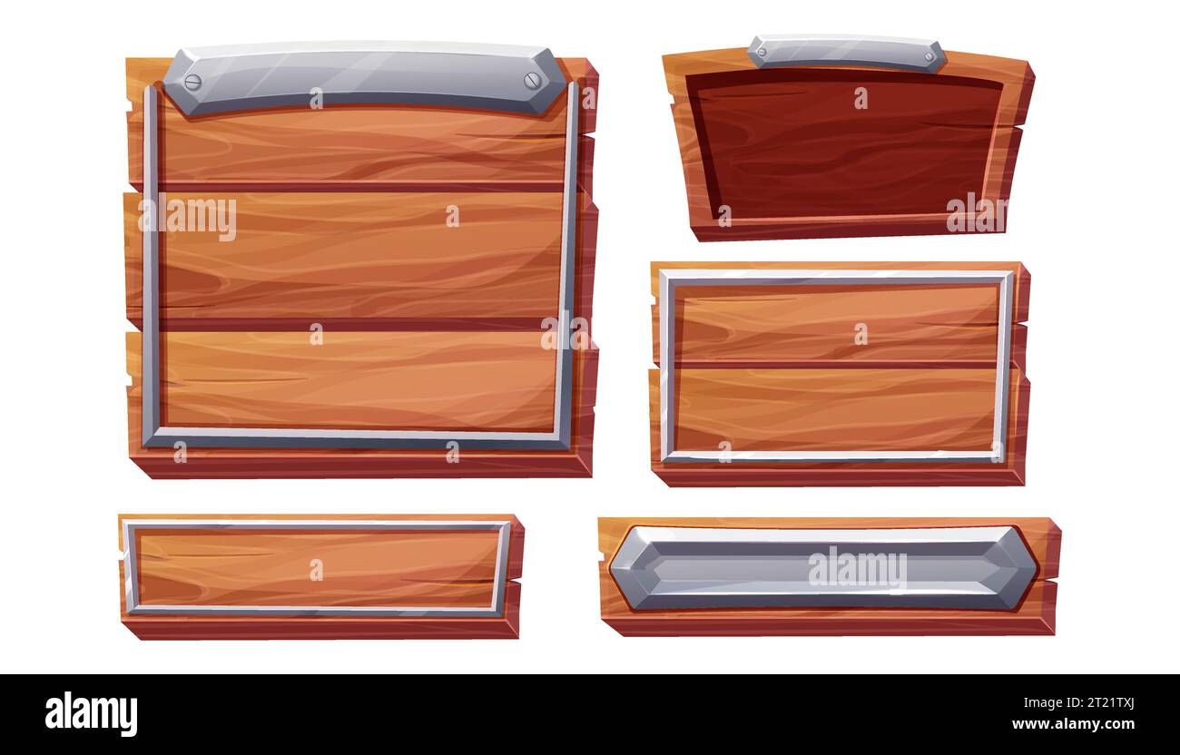 Set Wood panel with metal border, frame menu in cartoon style isolated ...