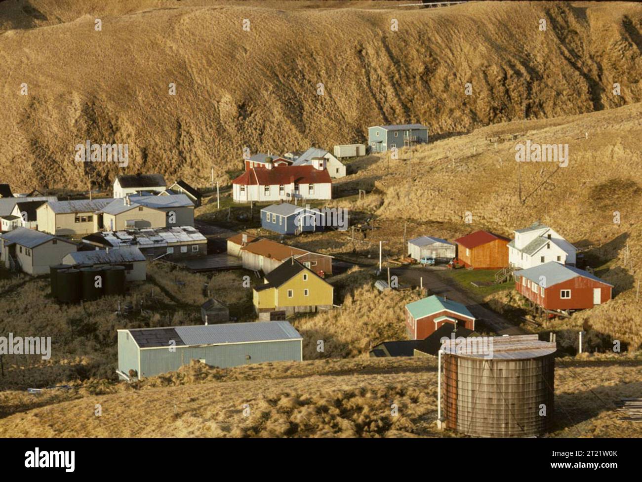 Aerial view of a village on Atka Island, one of the Aleutian Islands ...