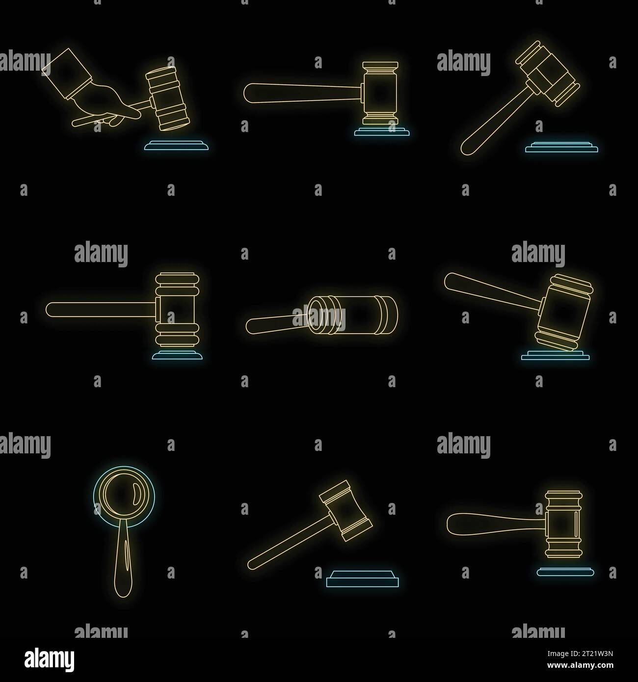 Judge hammer icons set. Outline illustration of 9 judge hammer vector ...