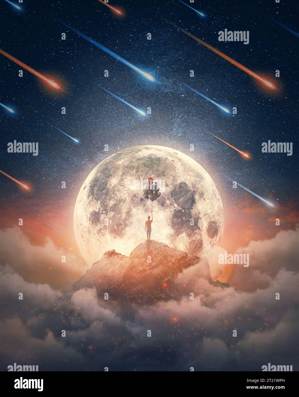 Dreamlike nightscape and a lone man celebrating with balloons in front ...