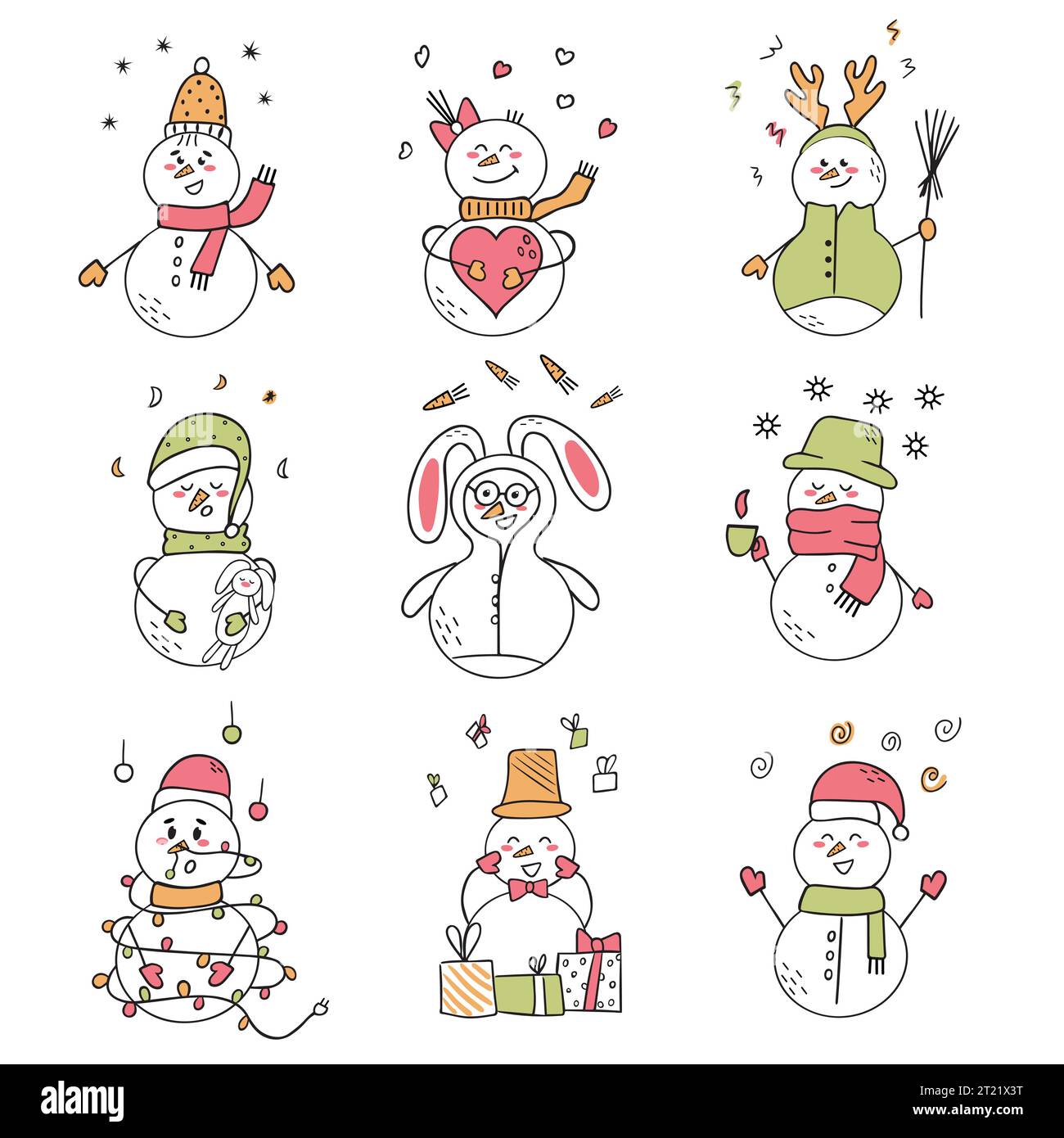 Set of funny snowmen. Doodle illustration. Design for cards or ...