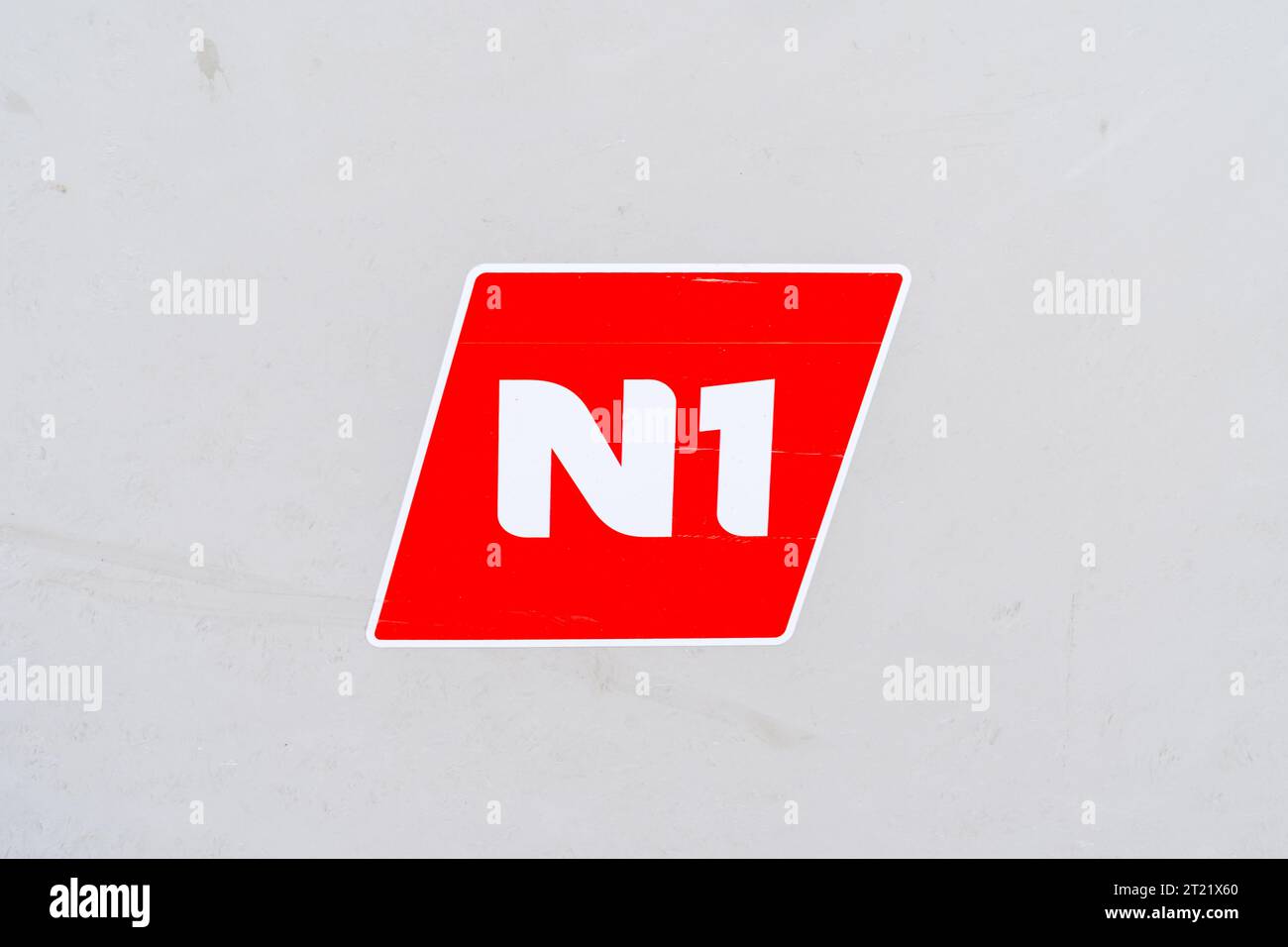 Stykkisholmur, Iceland - July 2, 2023: Close up logo for an N1 gas station for petrol or fuel ...