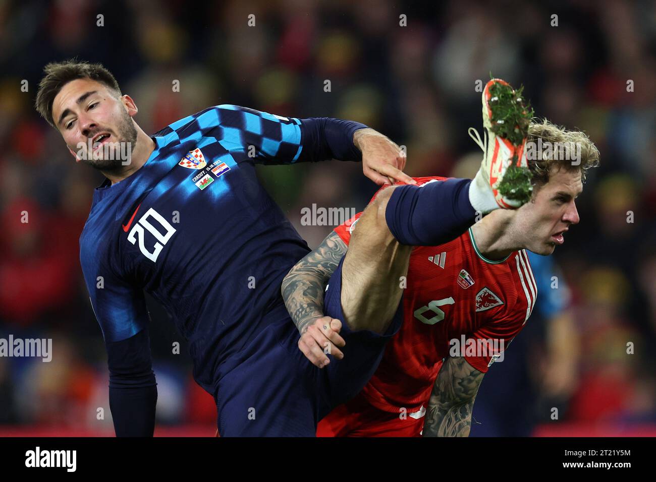 Cardiff, UK. 15th Oct, 2023. Dion Drena Beljo of Croatia (l) and Joe ...