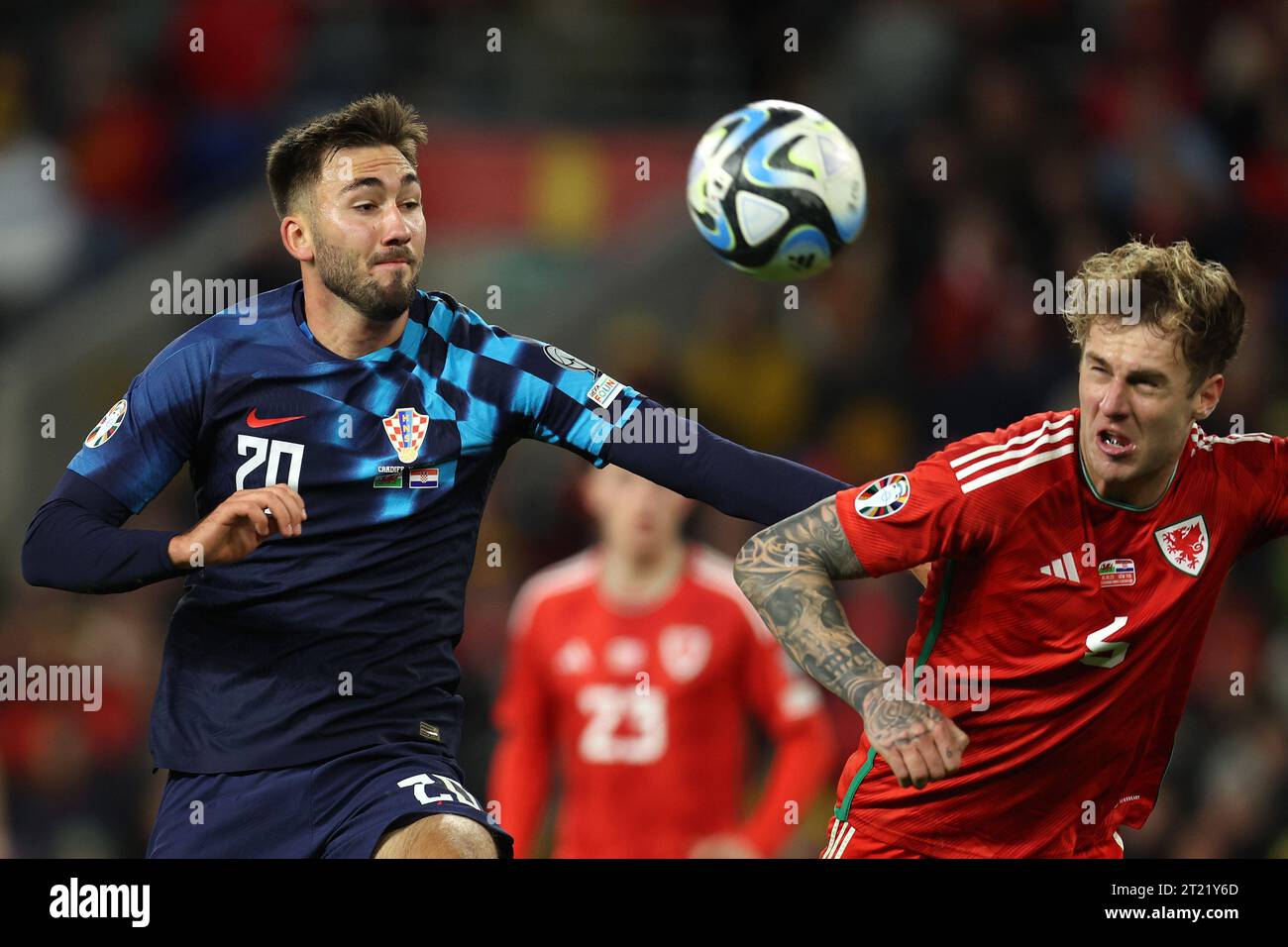 Cardiff, UK. 15th Oct, 2023. Dion Drena Beljo of Croatia (l) and Joe ...
