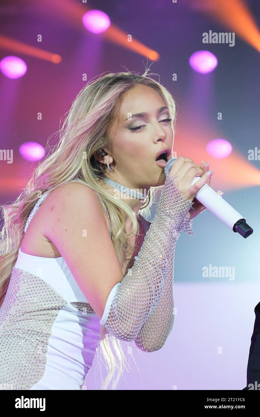 The singer Ana Mena performs during the Bellodrama Tour concert at the ...