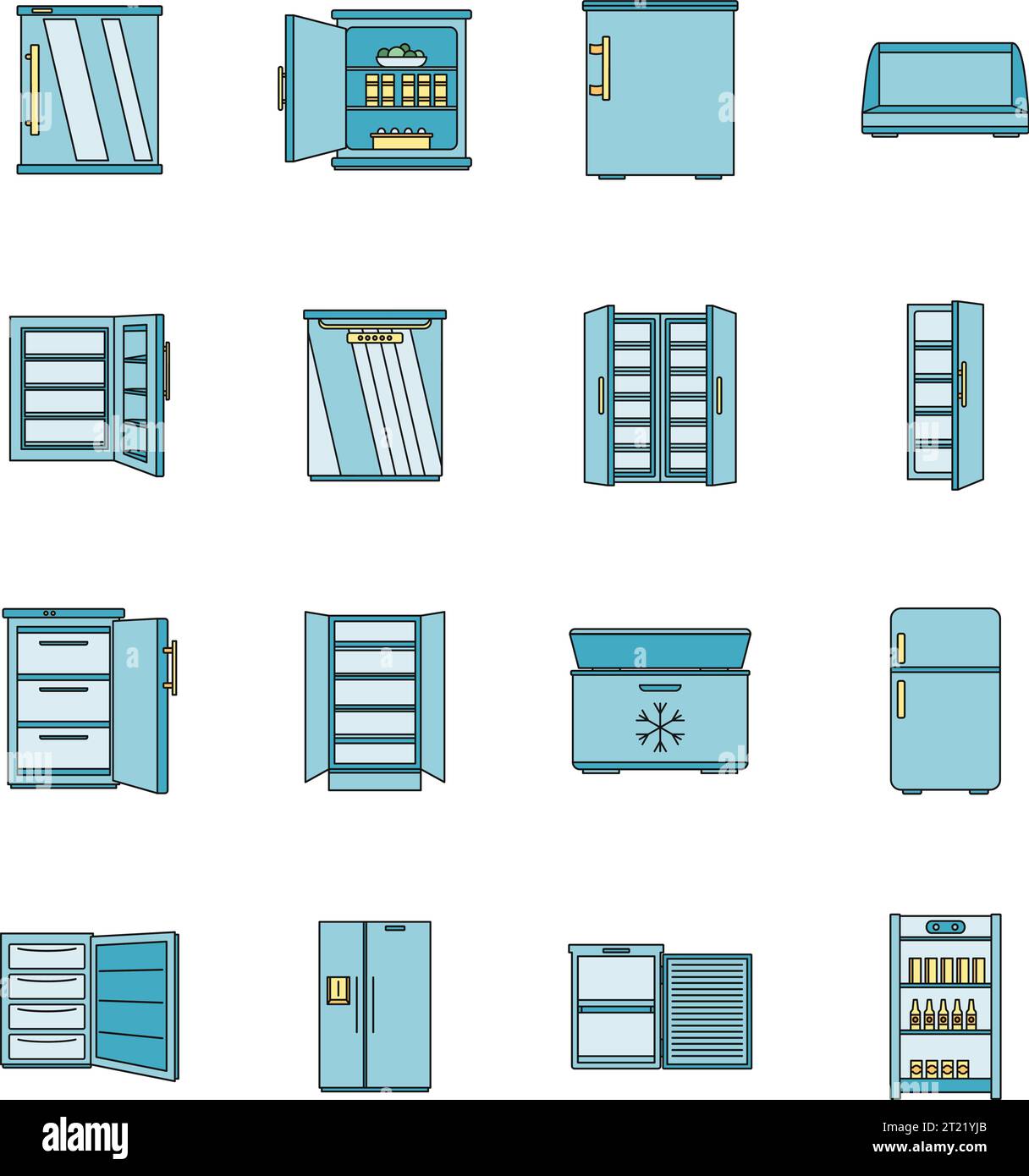 Freezer fridge frozen ice icons set. Outline illustration of 16 freezer ...