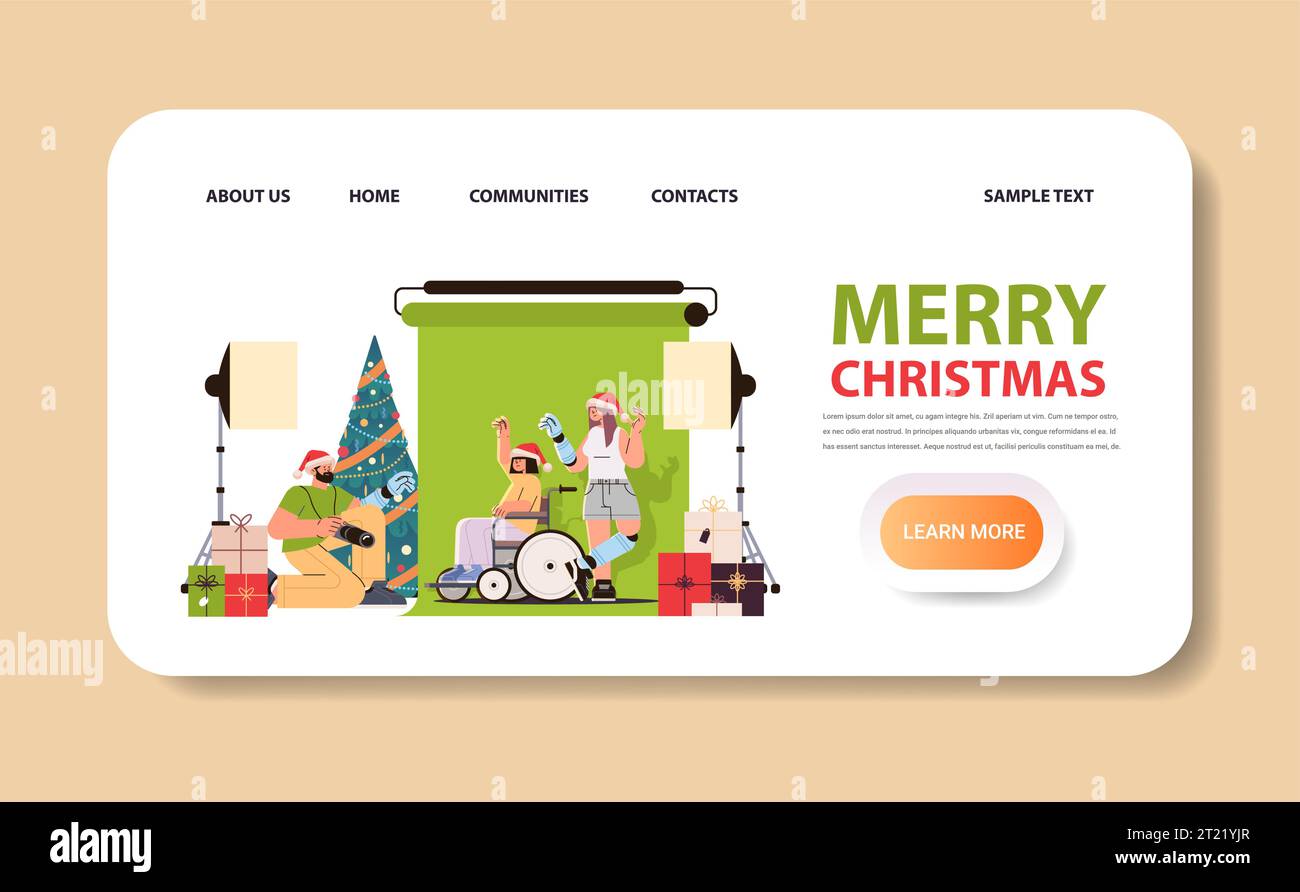 disabled man photographer in santa claus christmas hat doing photo of ...