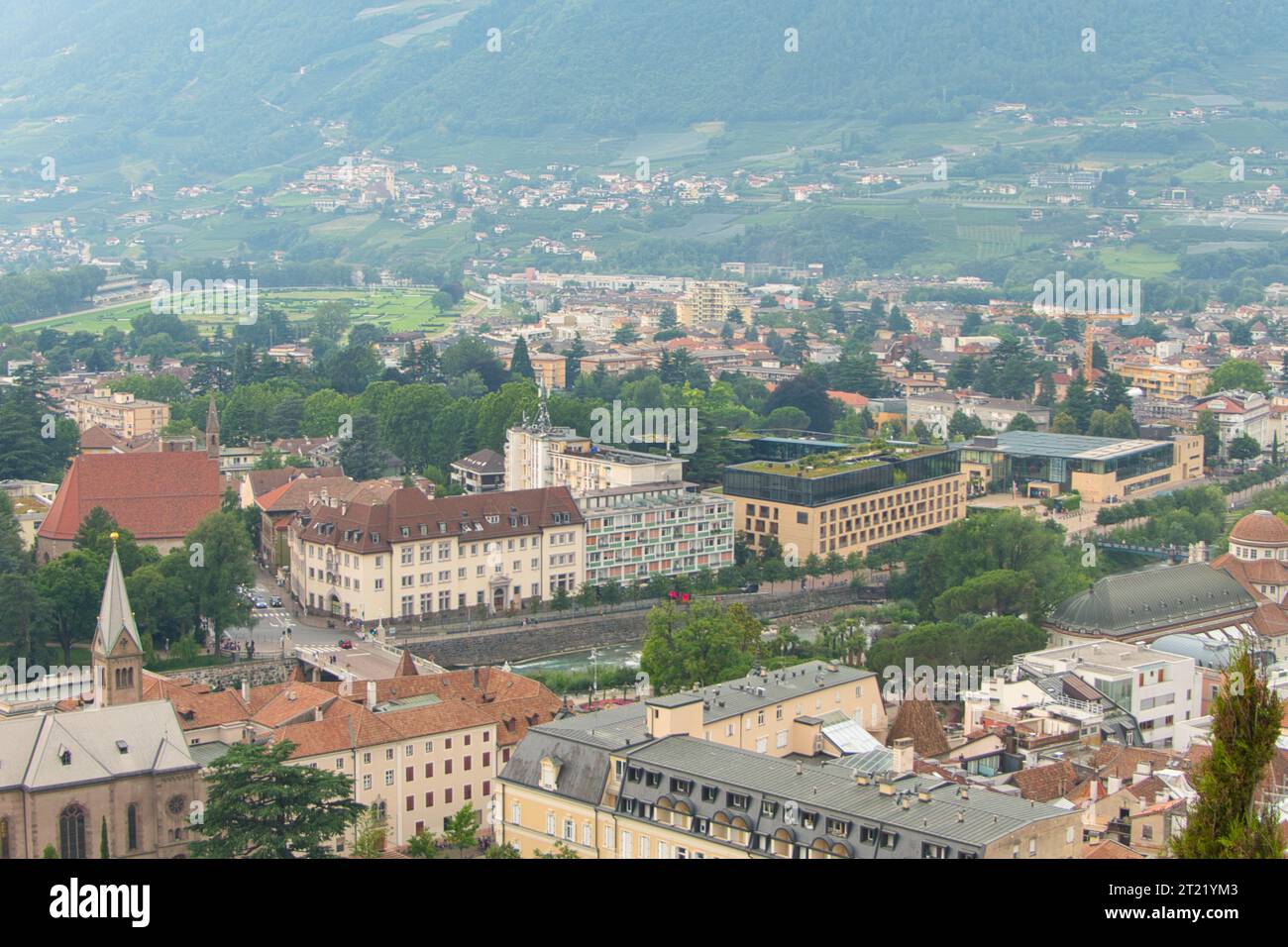 Aerial view of the City of Meran in South Tyrol, Italy, surrounded by ...