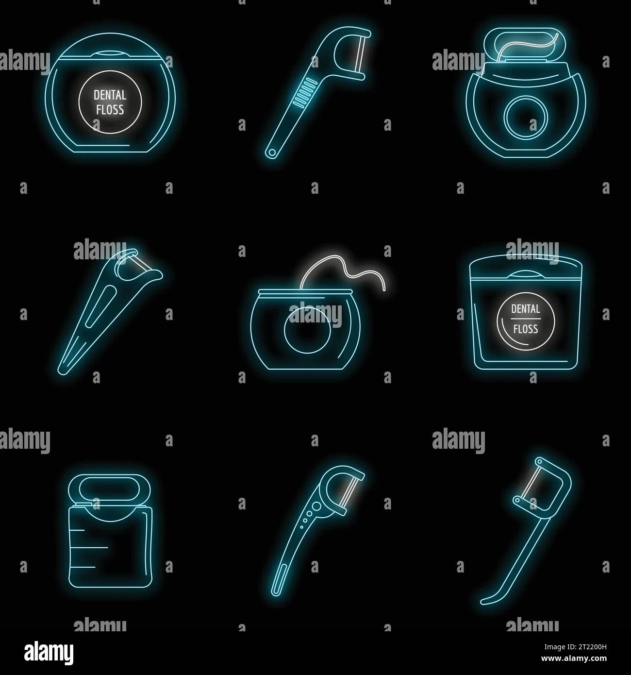 Floss dental brushing teeth icons set. Outline illustration of 9 floss ...