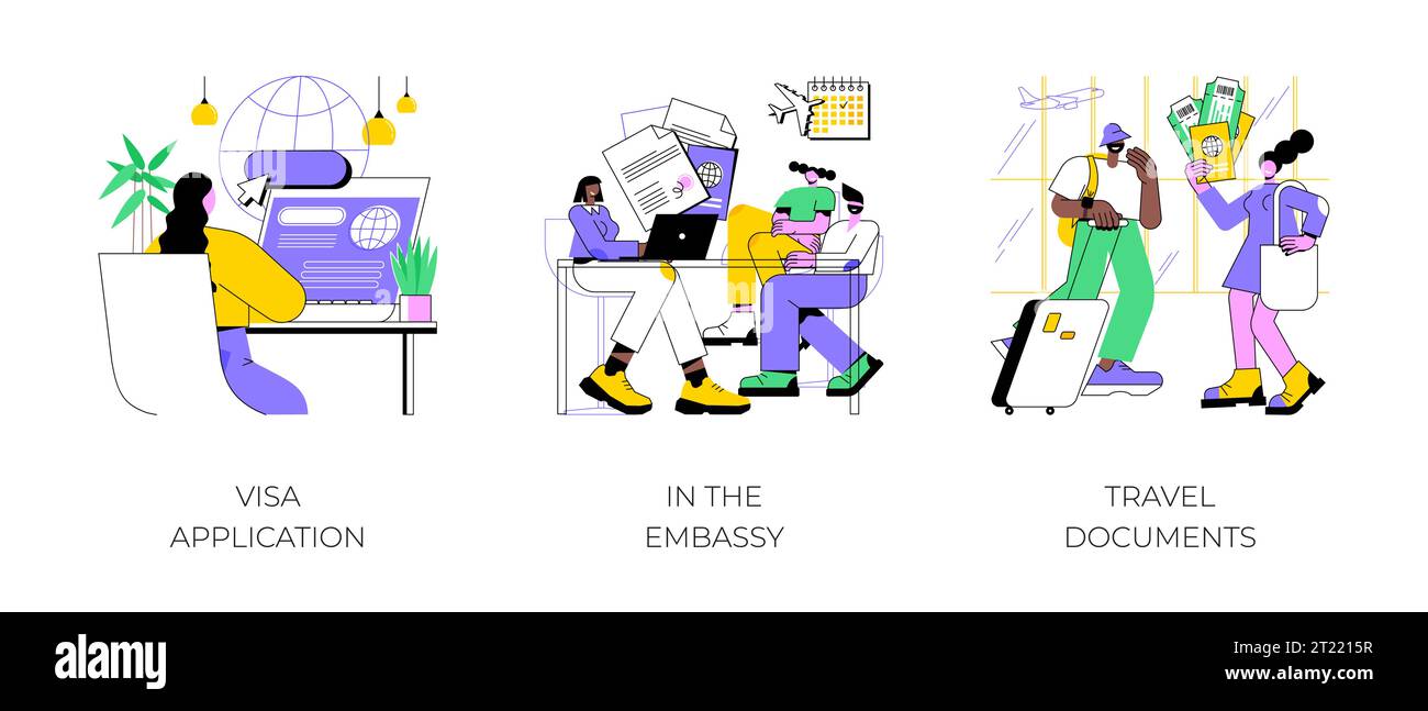 Getting visas isolated cartoon vector illustrations set. Woman applying ...