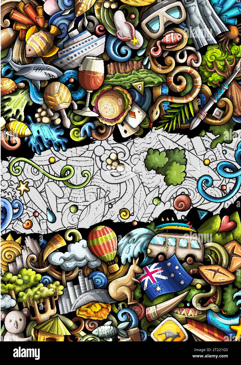Cartoon vector doodle Australia background. Funny Australian colorful ...