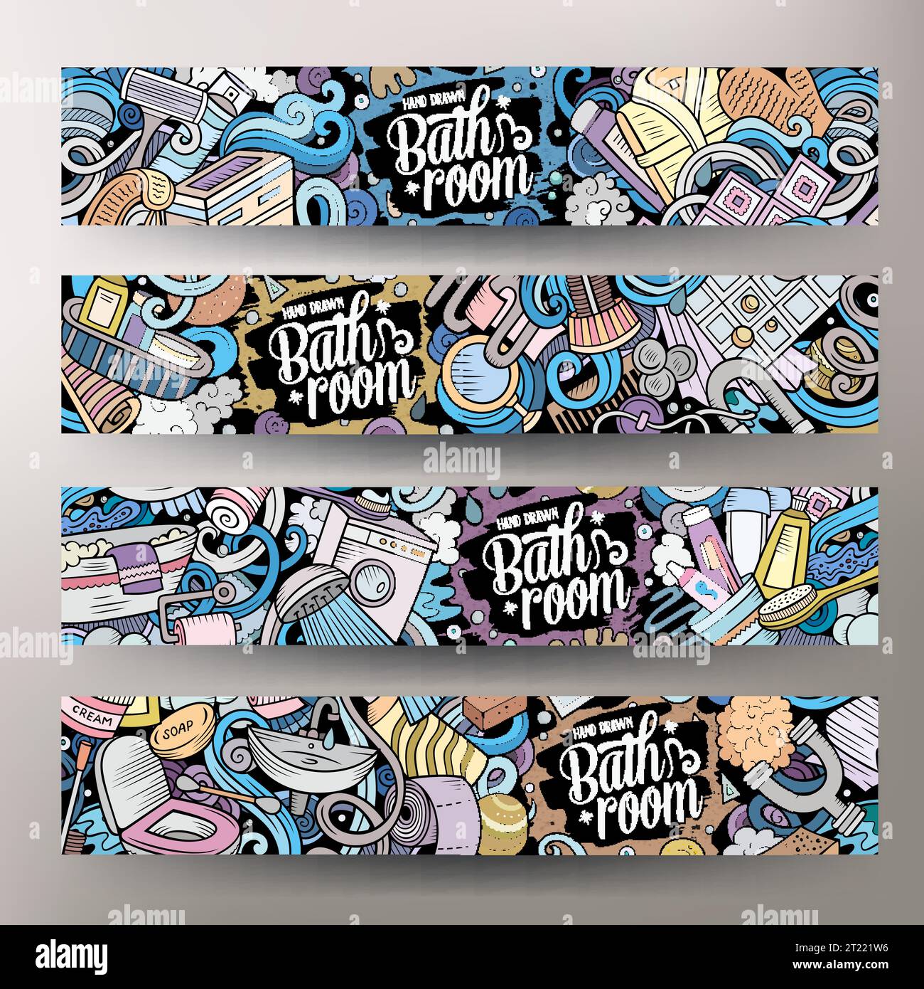 Bathroom doodle banners set. Cartoon detailed Bath identity with ...
