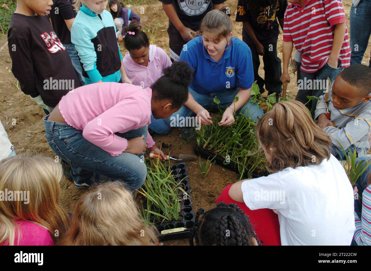 A USFWS biologist talks to students about planting aquatic plants in ...