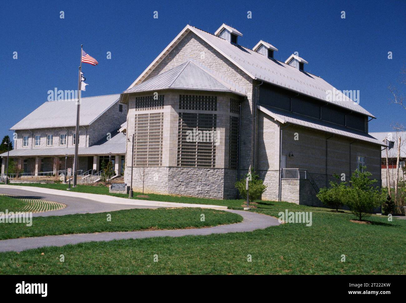 The front of the Main Entry building with flags flying at the Stock ...
