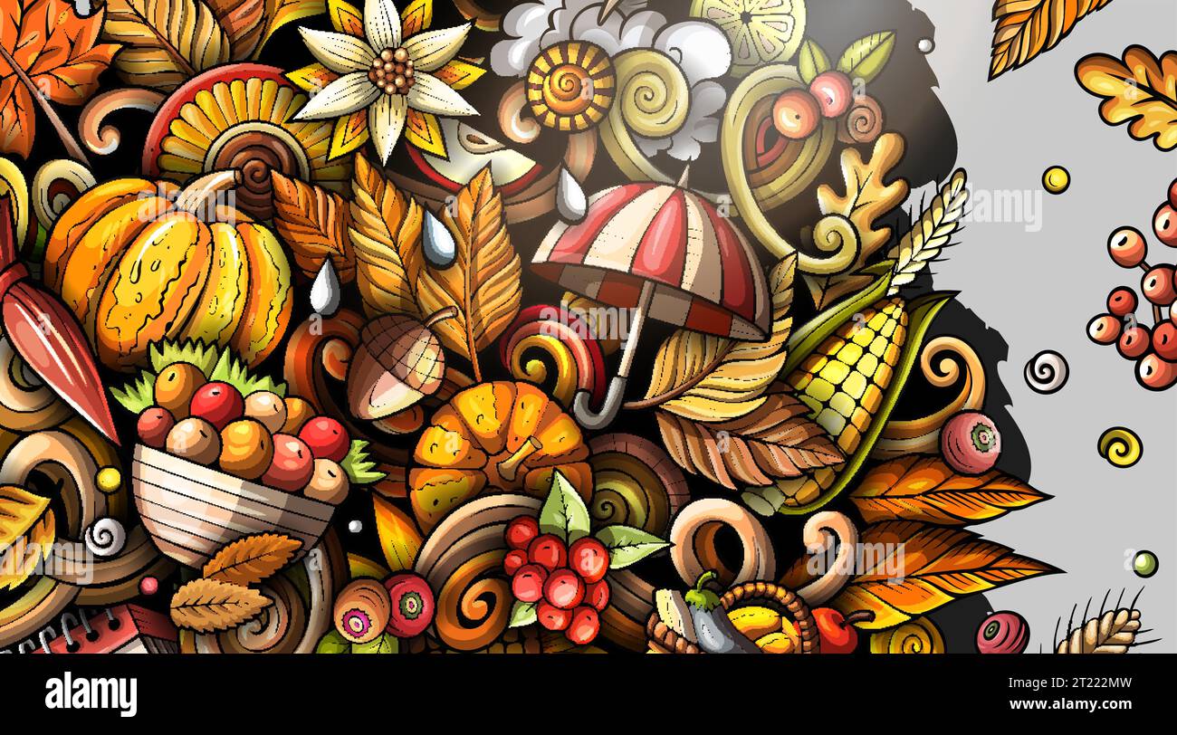 Cartoon vector cute colorful doodles Fall season background. Autumn ...