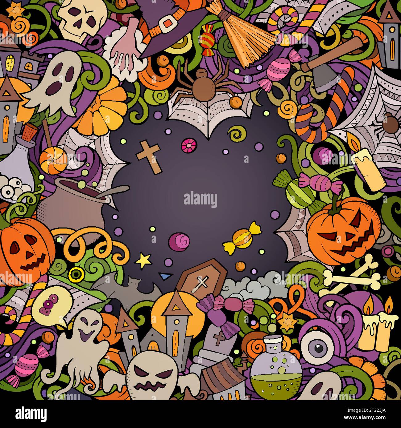 Cartoon vector doodles Happy Halloween border. Graphics, detailed, with ...