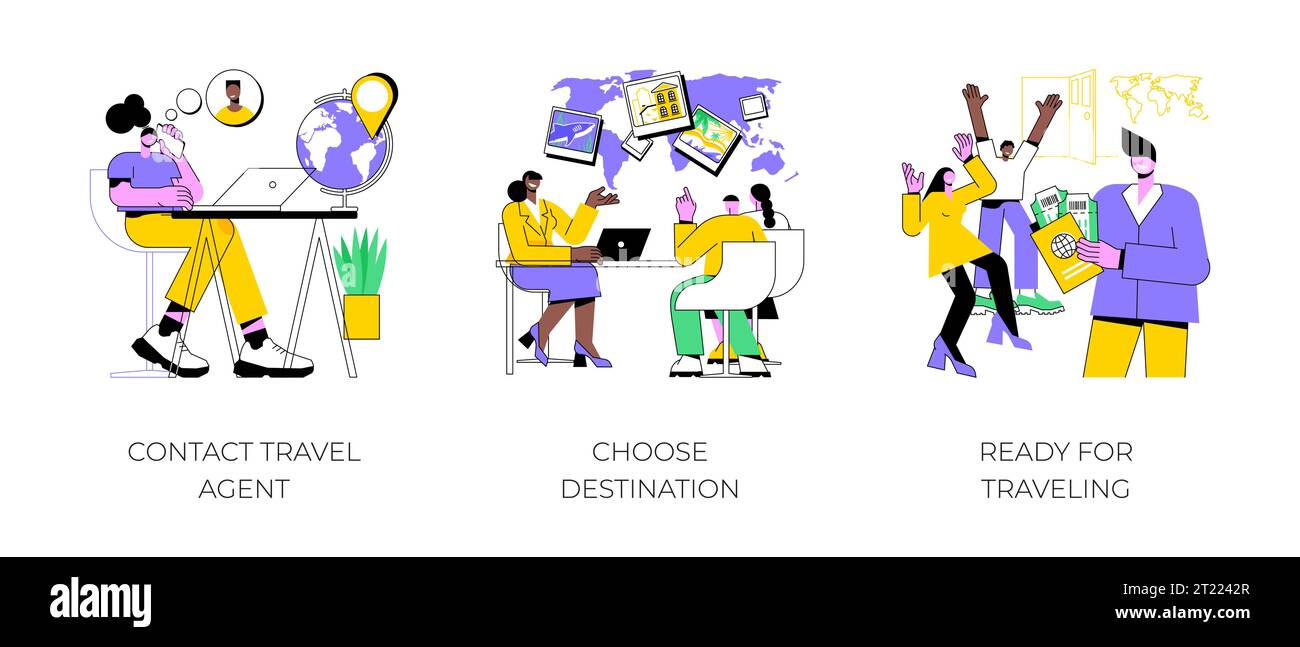 Tour agency isolated cartoon vector illustrations set. Contact travel ...