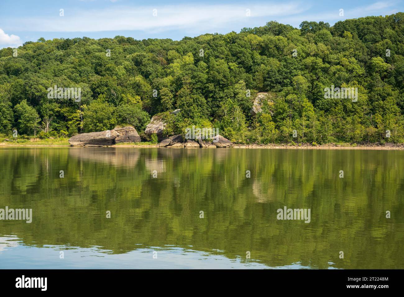Rock formations and still water on the Ohio River south of Saline ...