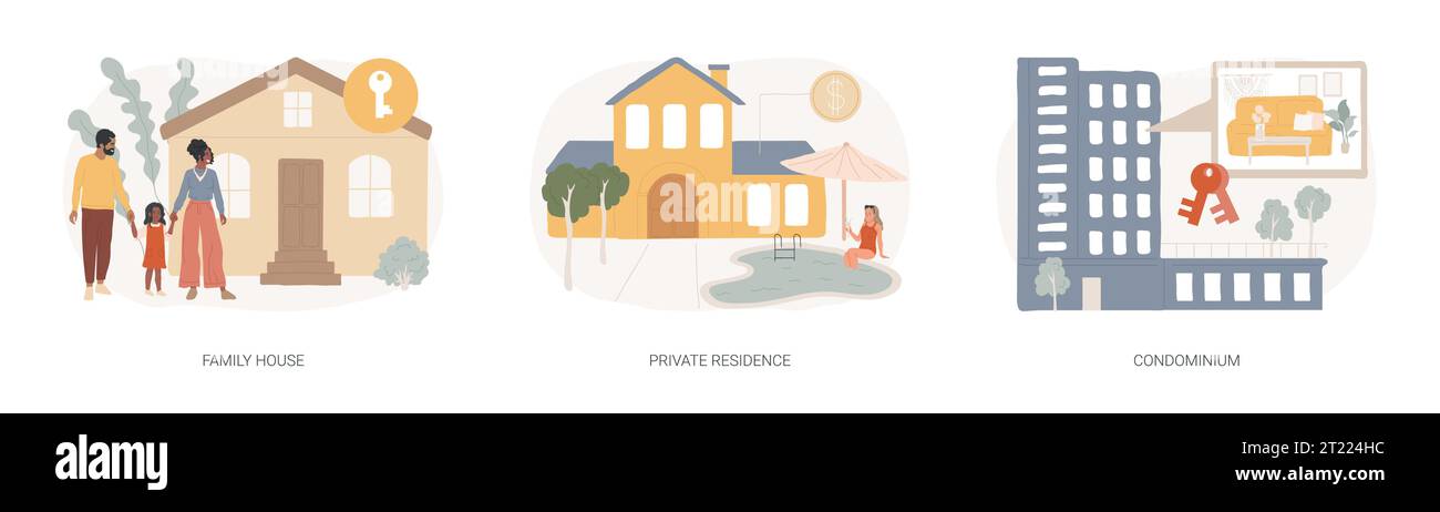 Real estate market isolated concept vector illustration set. Family ...