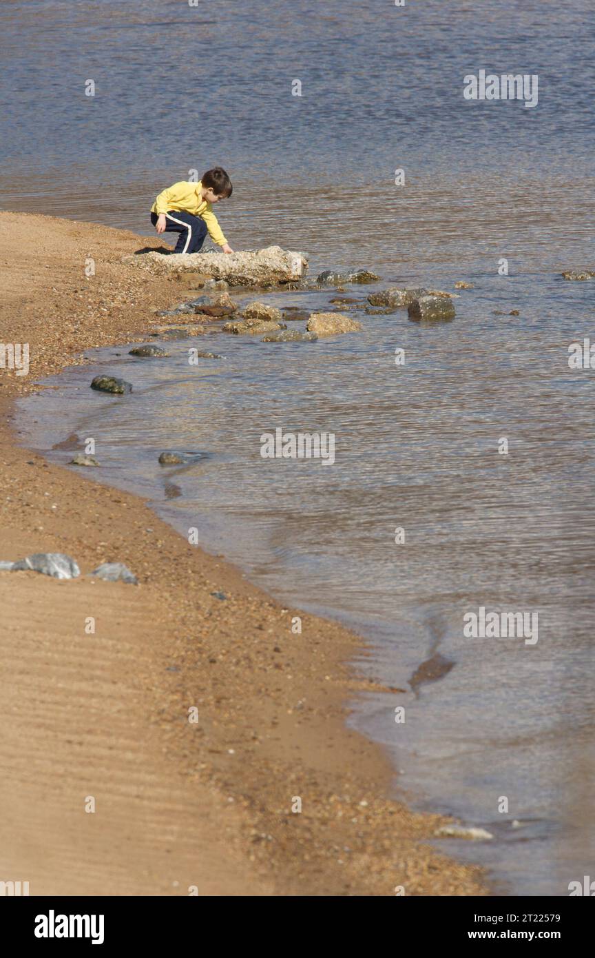 A child bends down to check out the snails on a rock along the ...