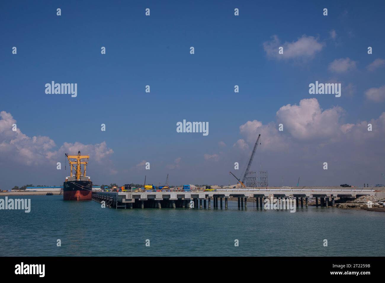 A foreign vessel anchored at the jetty of Matarbari Power Plant. It is ...