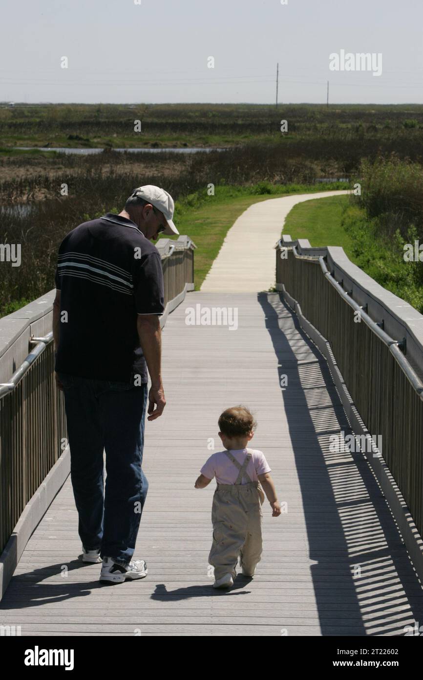 A man and toddler take a leisurely walk on a refuge boardwalk. Subjects ...