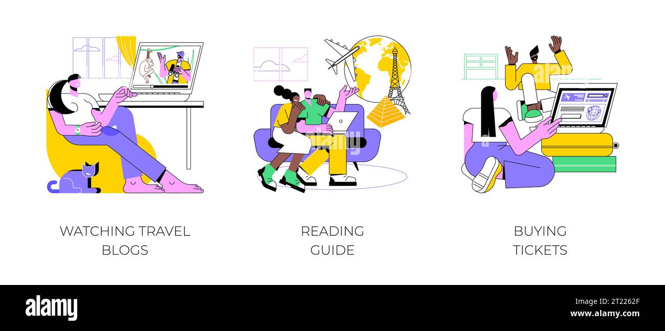 Planning a trip isolated cartoon vector illustrations set. Young woman ...