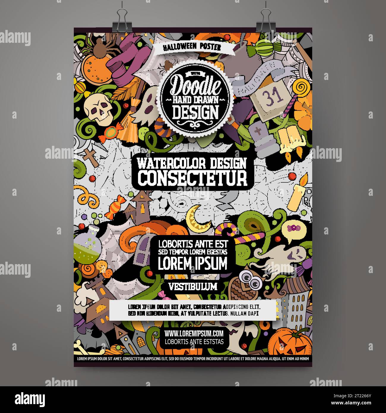 Cartoon colorful hand drawn doodles Halloween poster template. Very ...
