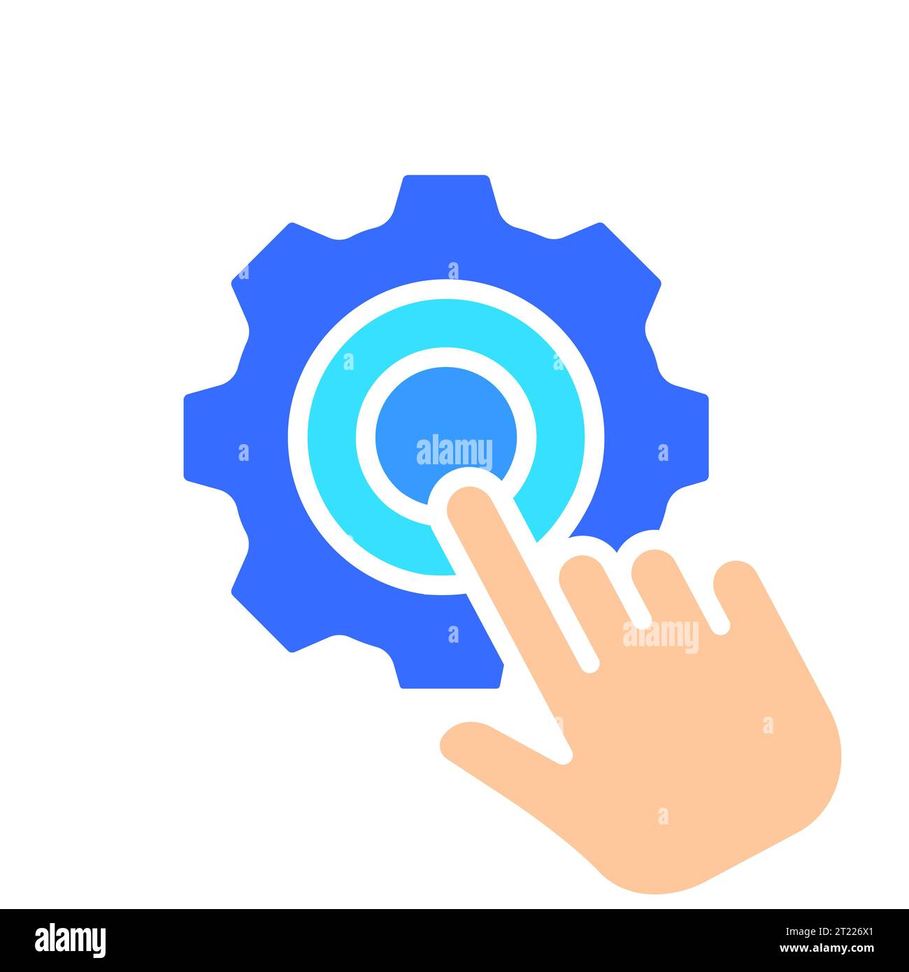 Hand clicks gear line icon. Controls, touchpad, tablet, phone, sensor ...