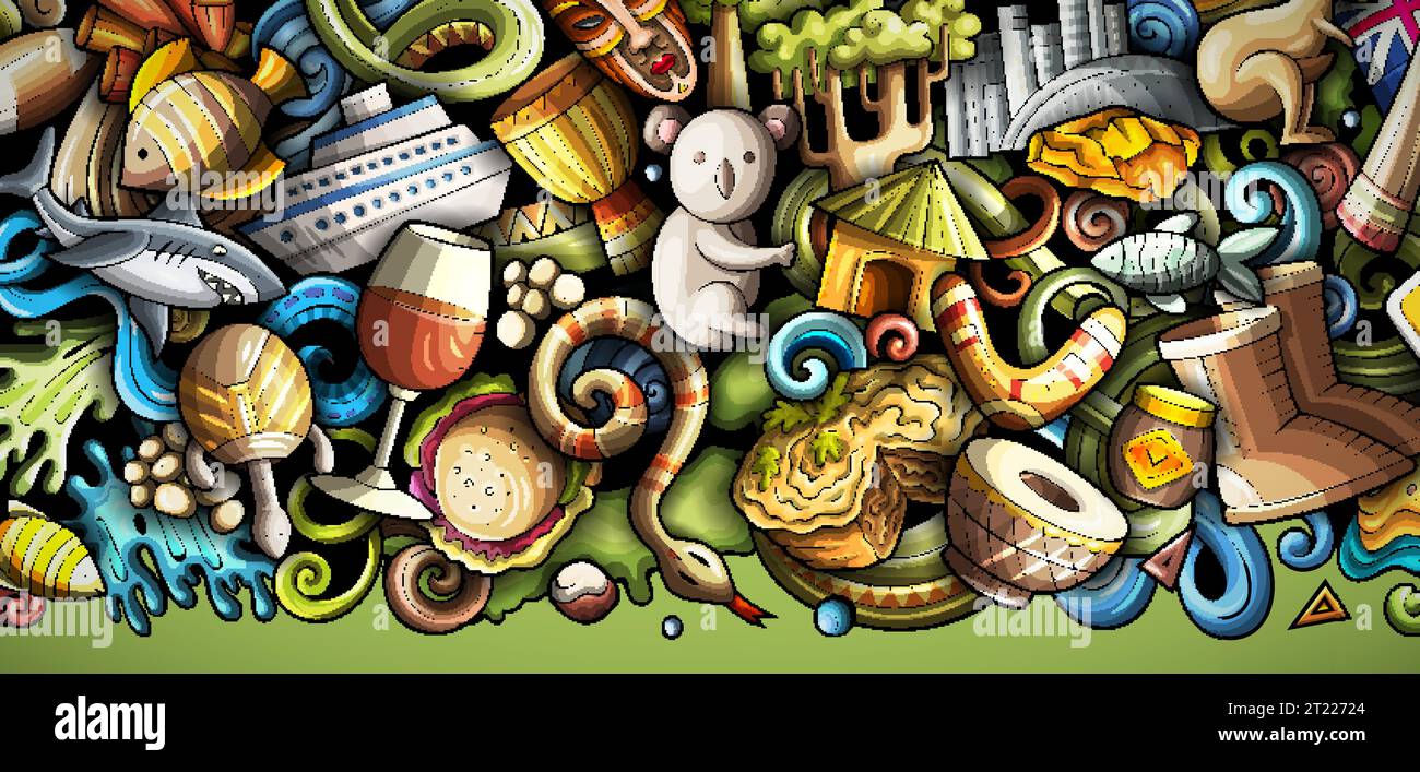 Cartoon vector doodle Australia background. Funny Australian colorful ...