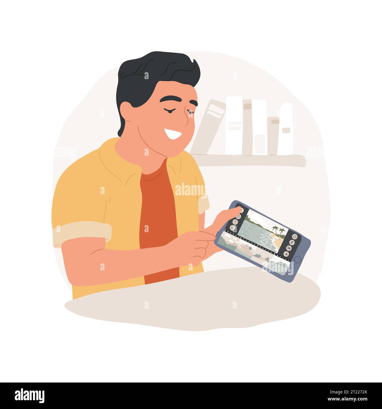 Video editor app isolated cartoon vector illustration. Teenager holding ...
