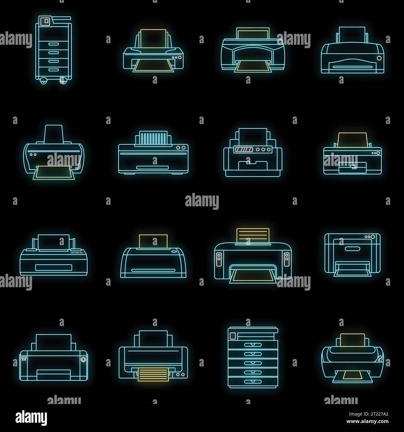 Printer office copy document icons set. Outline illustration of 16 ...