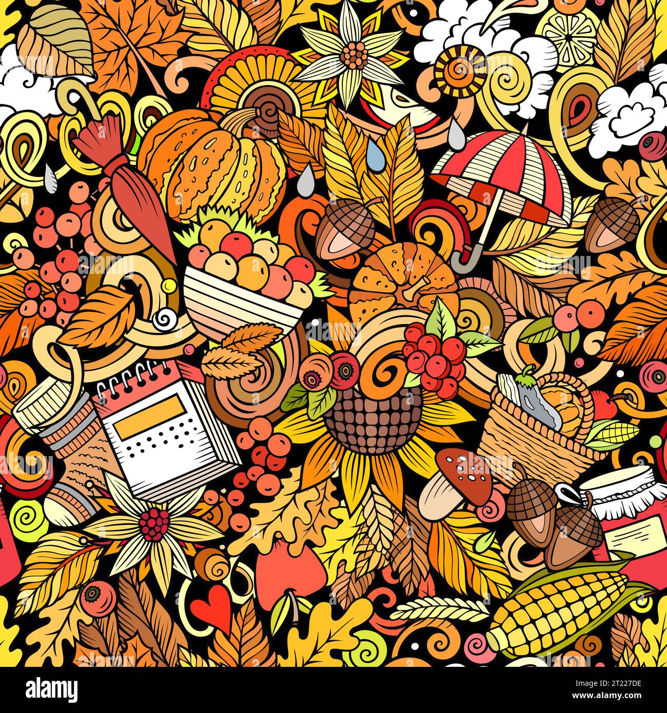 Cartoon doodle seamless pattern features a variety of autumn objects ...