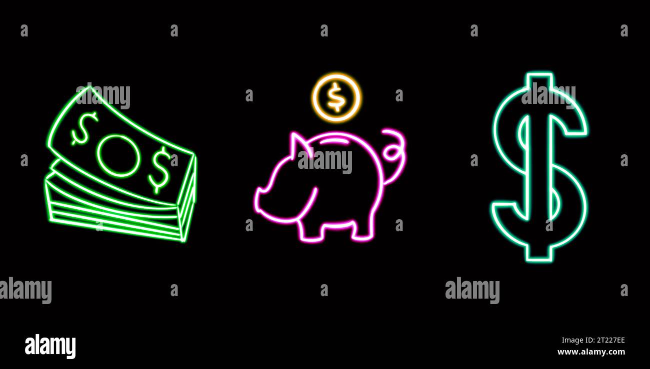 Neon Finance Set, Piggy Bank, Dollar Sign, Money. glowing desktop icon ...