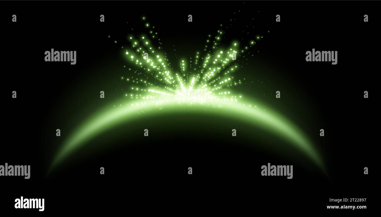 Green magic arch with glowing particles, sunlight lens flare. Neon ...