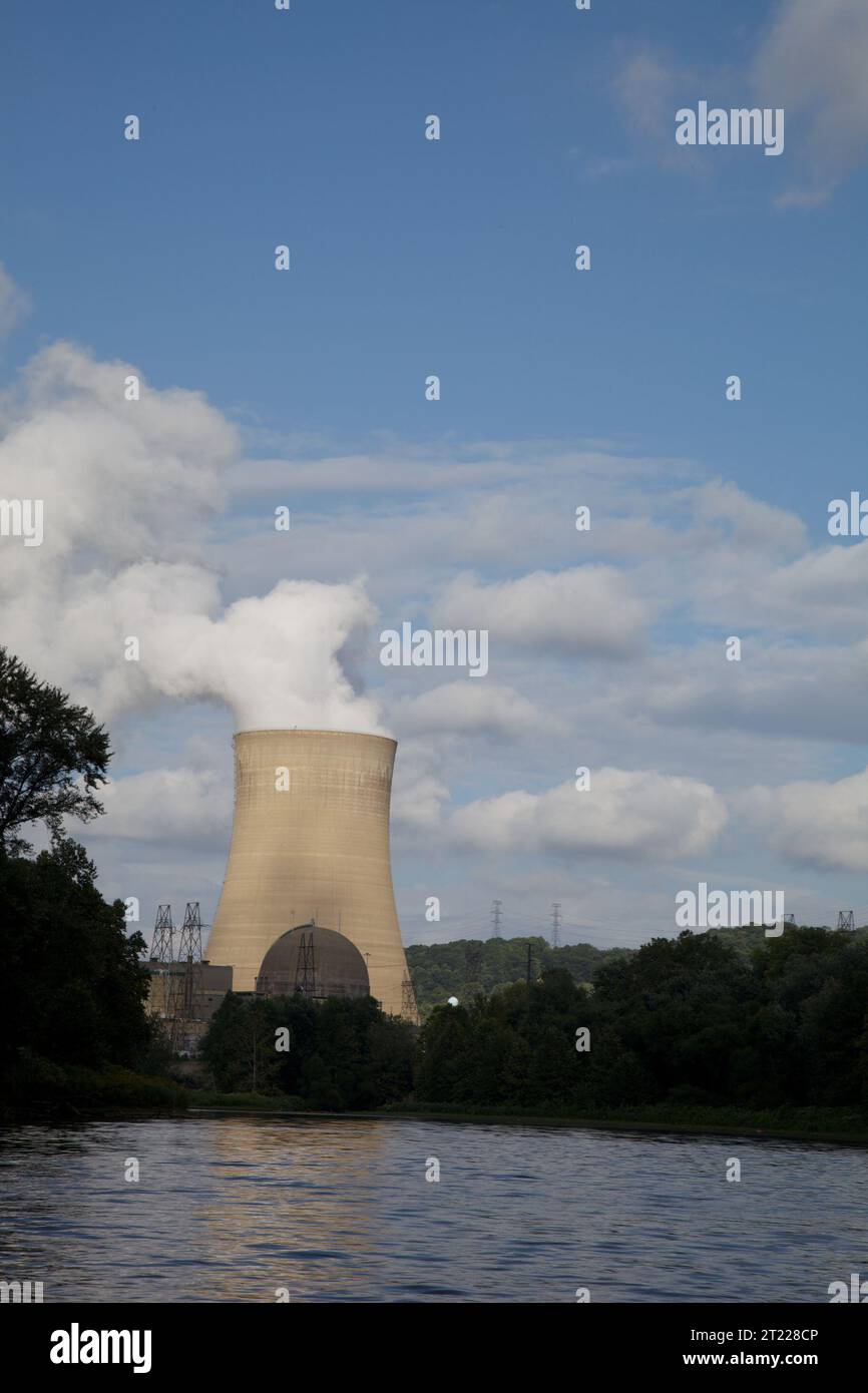 A riverfront view of a nuclear power plant smokestack along the Ohio ...