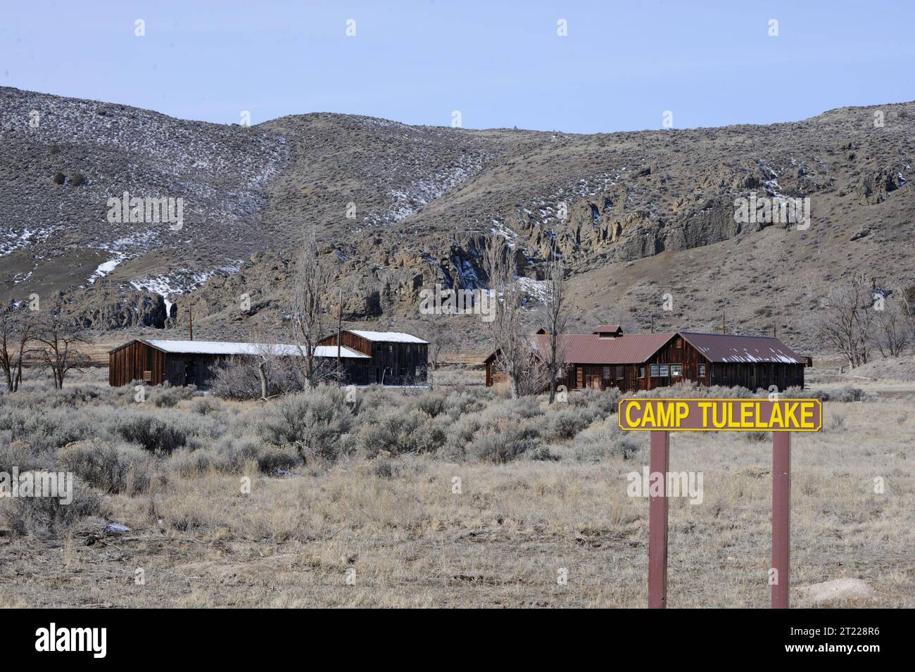 A sign indicates Camp Tule Lake on the Tule Lake National Wildlife ...