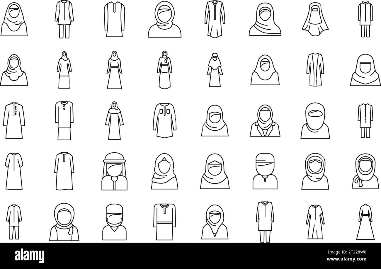 Muslim fashion icons set outline vector. Arab casual girl. Woman arabic ...