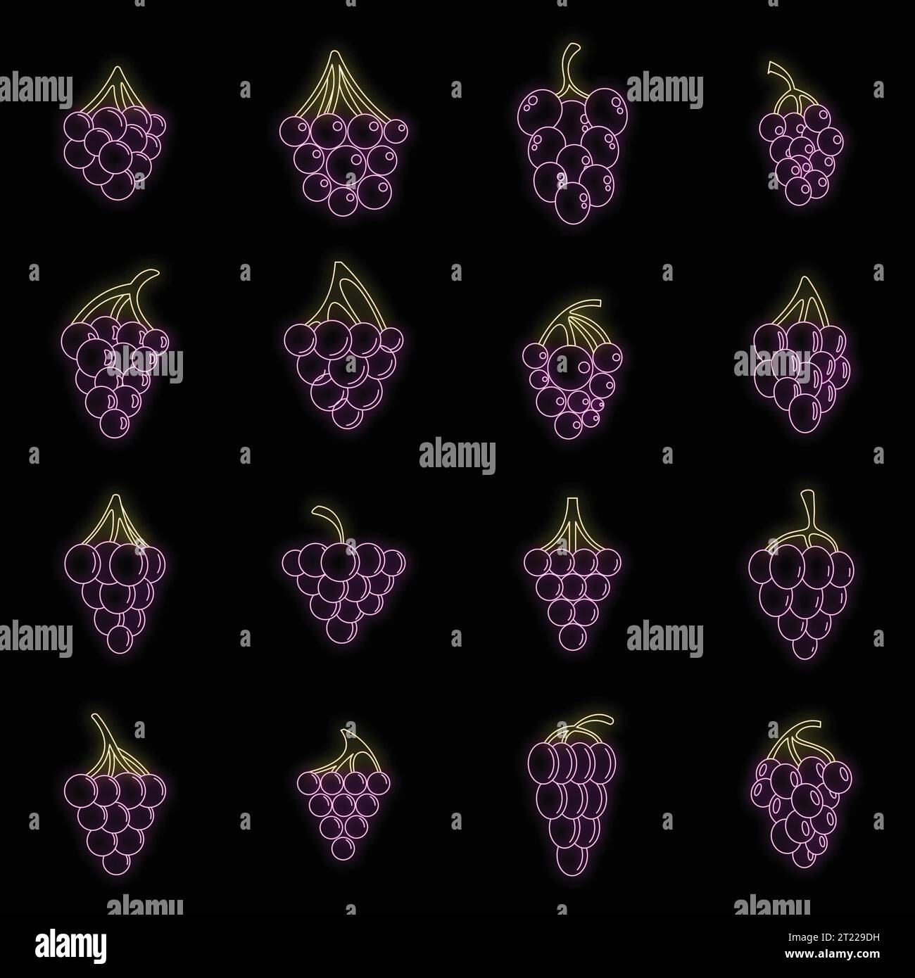 Grape wine bunch icons set. Outline illustration of 16 grape wine bunch vector icons neon color ...