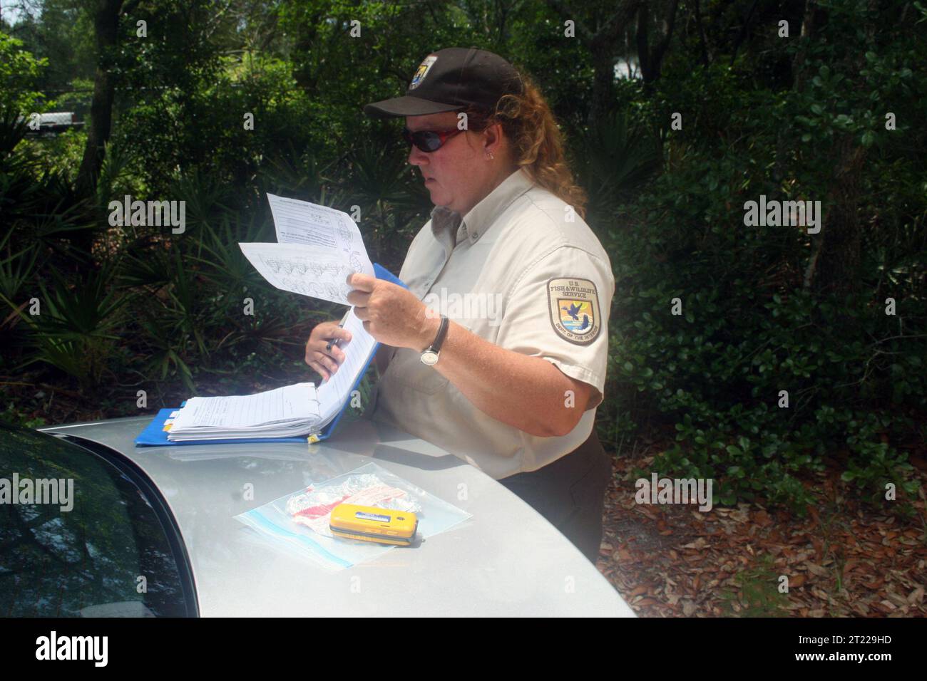 U.S. Fish & Wildlife Service Biologist Lisa Jameson logs in data about ...