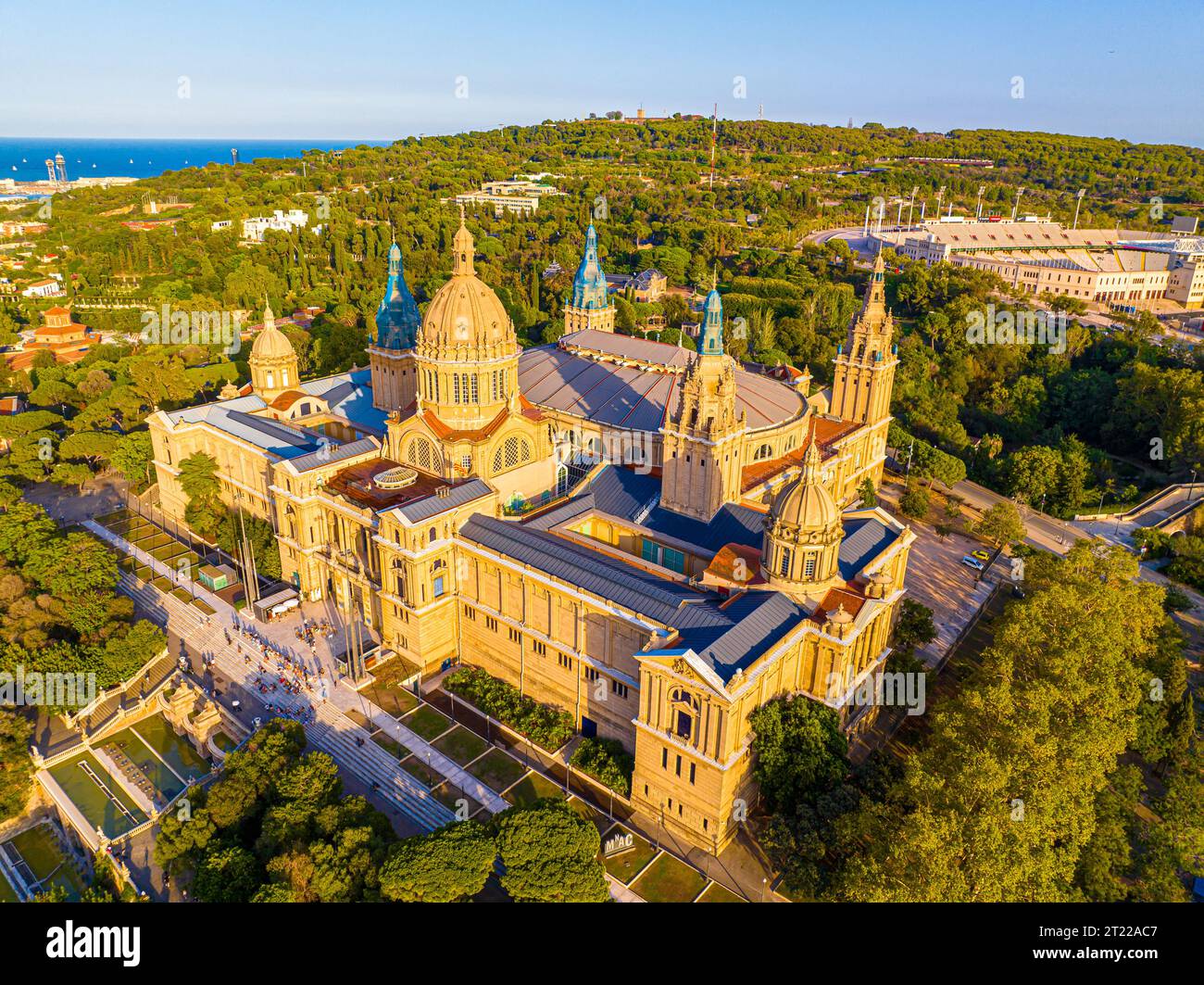 Aerial view of the Montjuïc, a hill in Barcelona, Catalonia, Spain ...